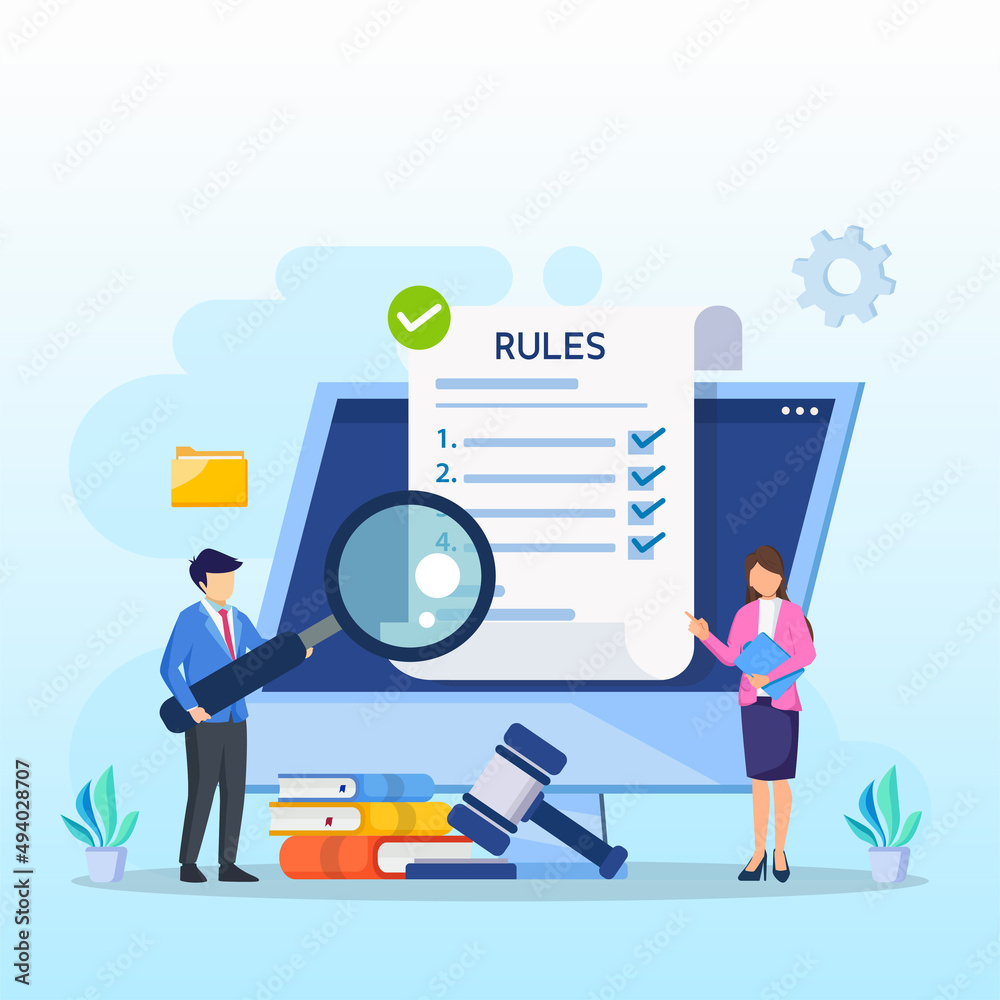 Business people studying list of rules, reading guidance, making checklist Vector illustration ...