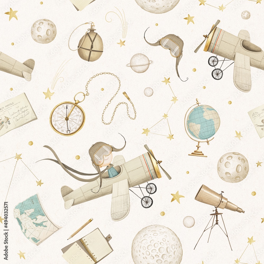Seamless pattern aviation and travel. Cute funny airplane pilot ...
