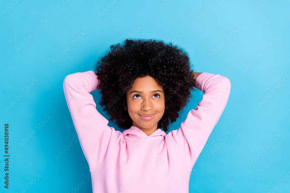 Top above high angle view photo of young girl hands behind head dream ...