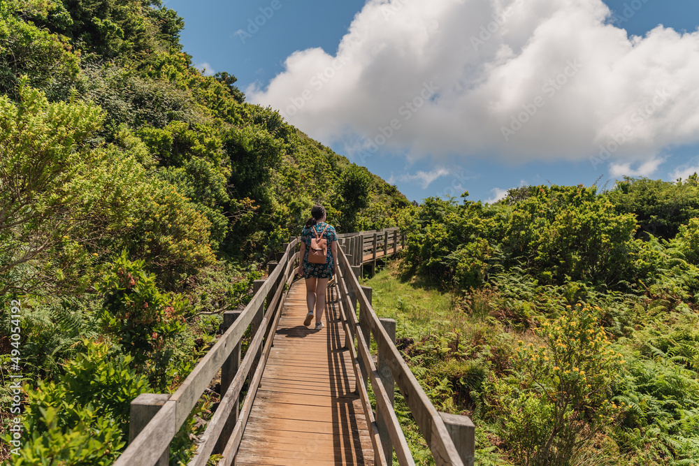 Rear view of a female walking on footpath with wooden railings in ...