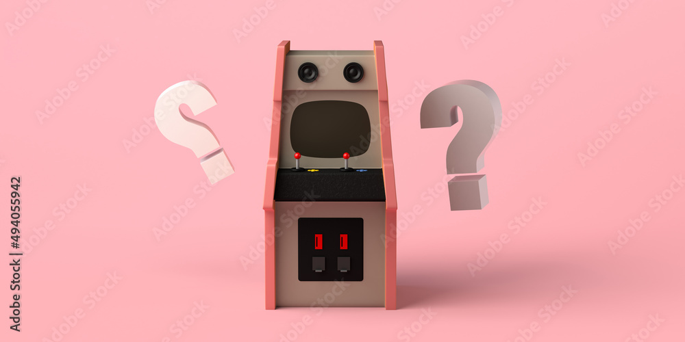 Retro arcade game machine with question marks on the sides. Arcade room ...