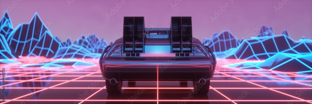 Car in neon cyberpunk style. 80s retrowave background. Retro futuristic ...