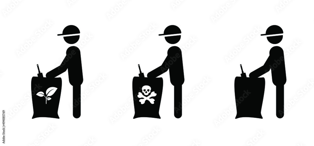 Garden soil, manure, weed control concept. Stickman, stick figure man ...