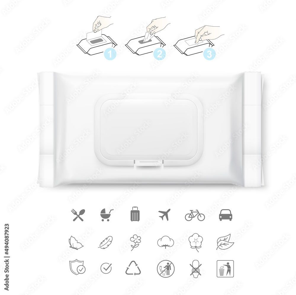 Realistic wet wipe mockup with signs set. Vector illustration isolated ...