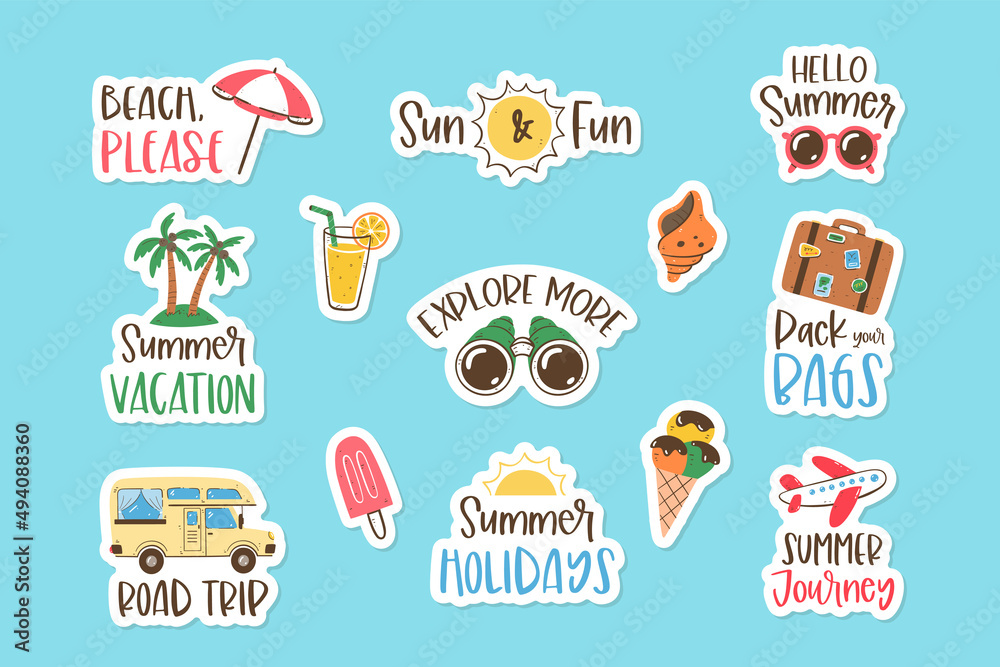 Summer Holidays Sticker Collection. Hand-drawn isolated object and ...