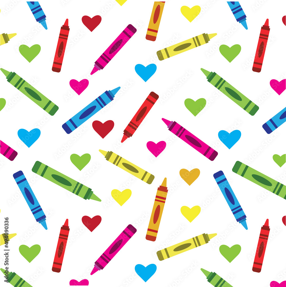 Cute Crayons seamless pattern in red, orange, yellow, pink, green and ...