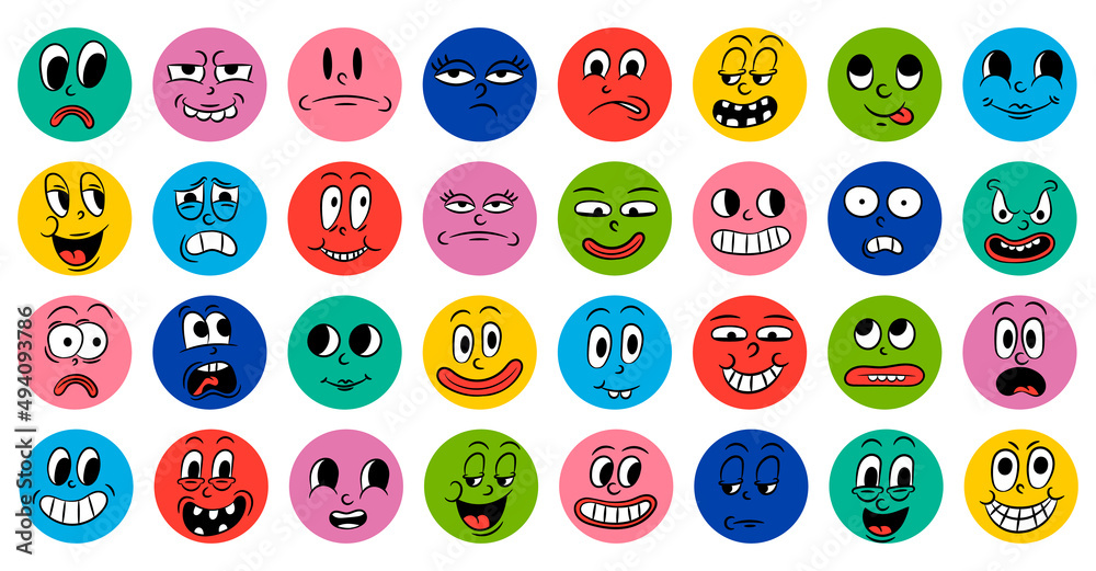 Set of cartoon comic funny faces in retro style with different ...