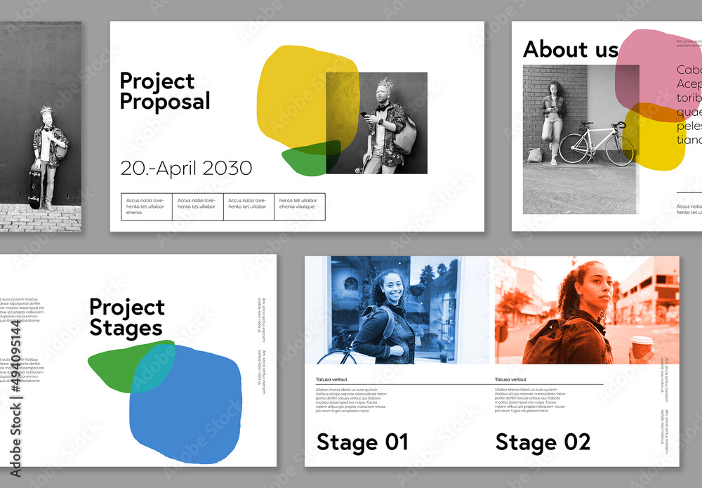 Pitch Deck Layout with Colorful Overlay Shapes Stock Template | Adobe Stock