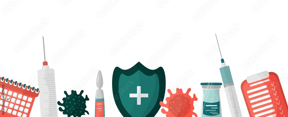 Vector banner with items for vaccination against covid-19, coronavirus ...