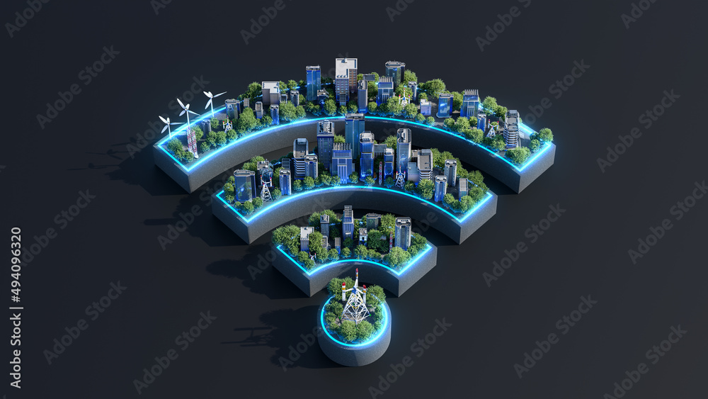 3D wifi symbol with commercial building and greenery. Wireless network ...