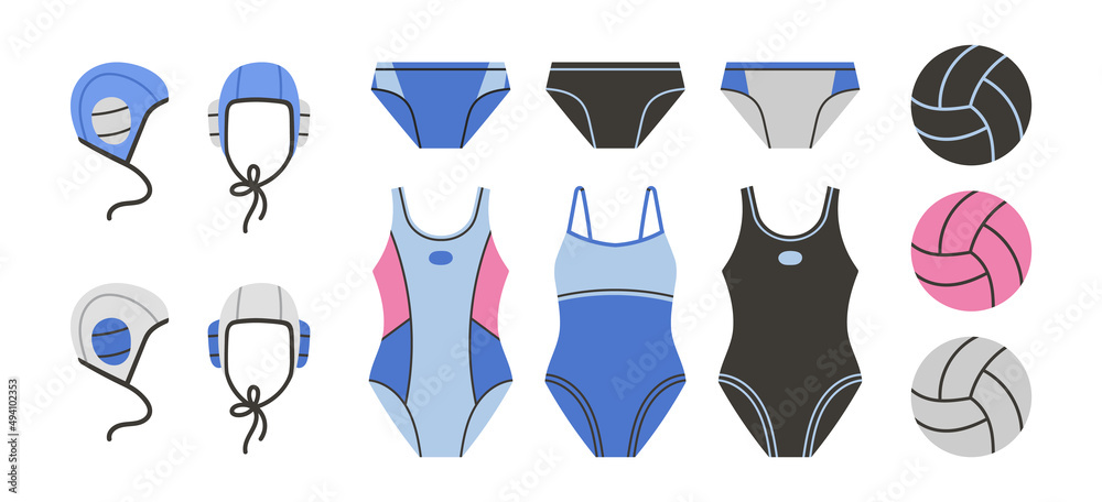 Equipment for water polo in different colors. Isolated flat vector ...