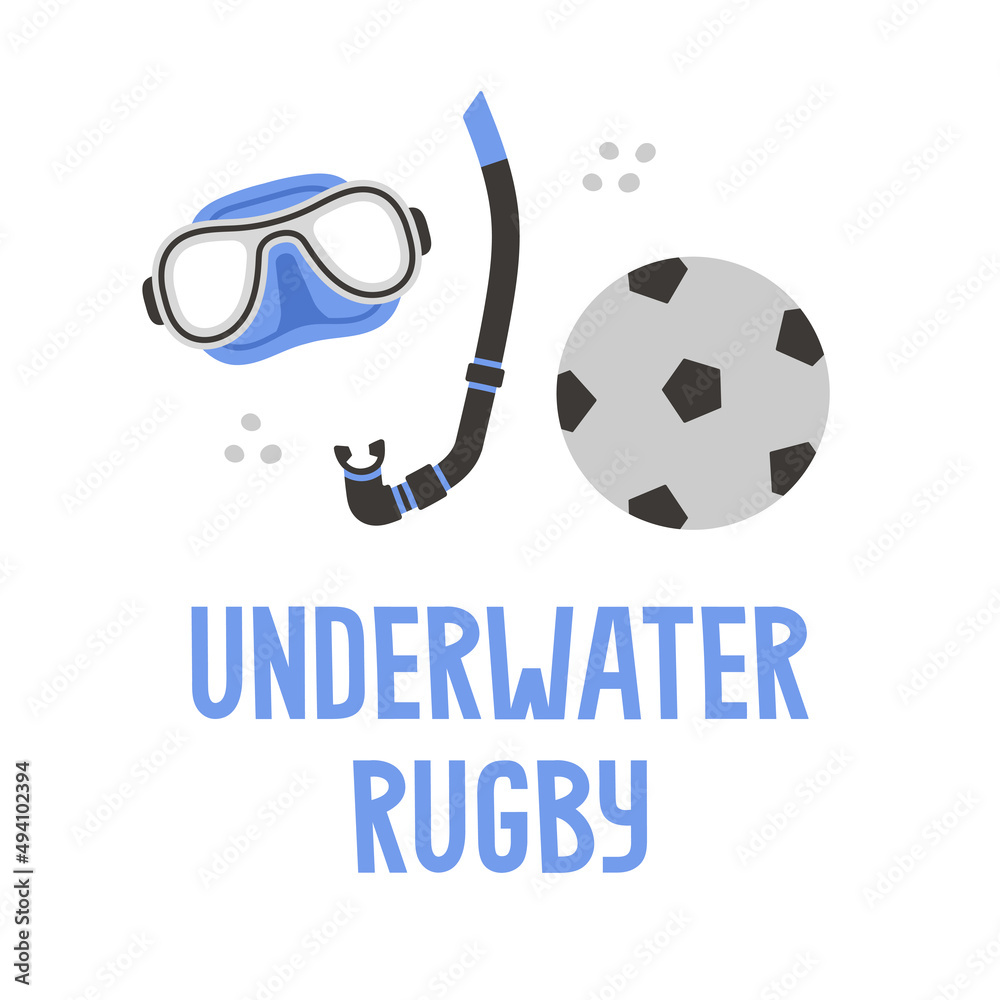 Underwater rugby equipment. Mask, snorkel and ball. Vector illustration ...