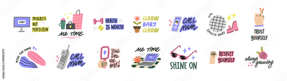 Stickers set. Inspirational design and motivating phrases in trendy ...
