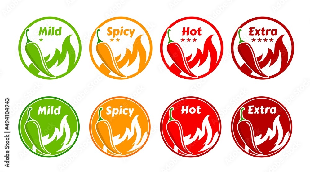 Spicy level labels with fire flames, chilli peppers and rating stars ...