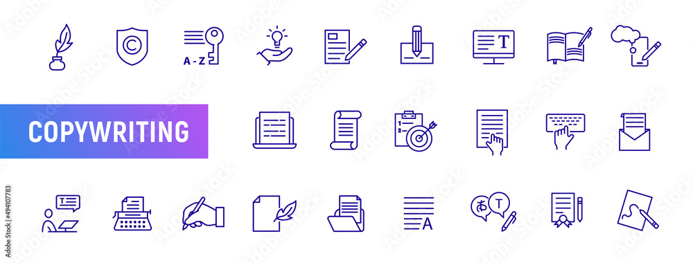 Writer pen line icon set. Write hand blog or book feather article ...