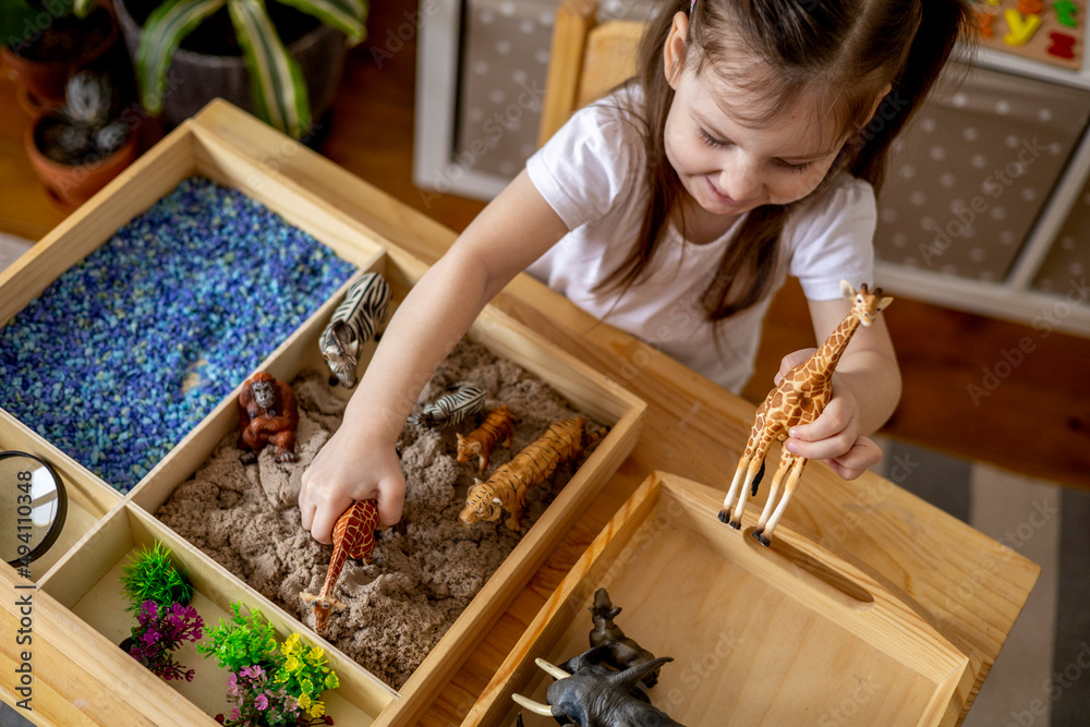 Montessori material. Toddler girl explores wild animals through play ...