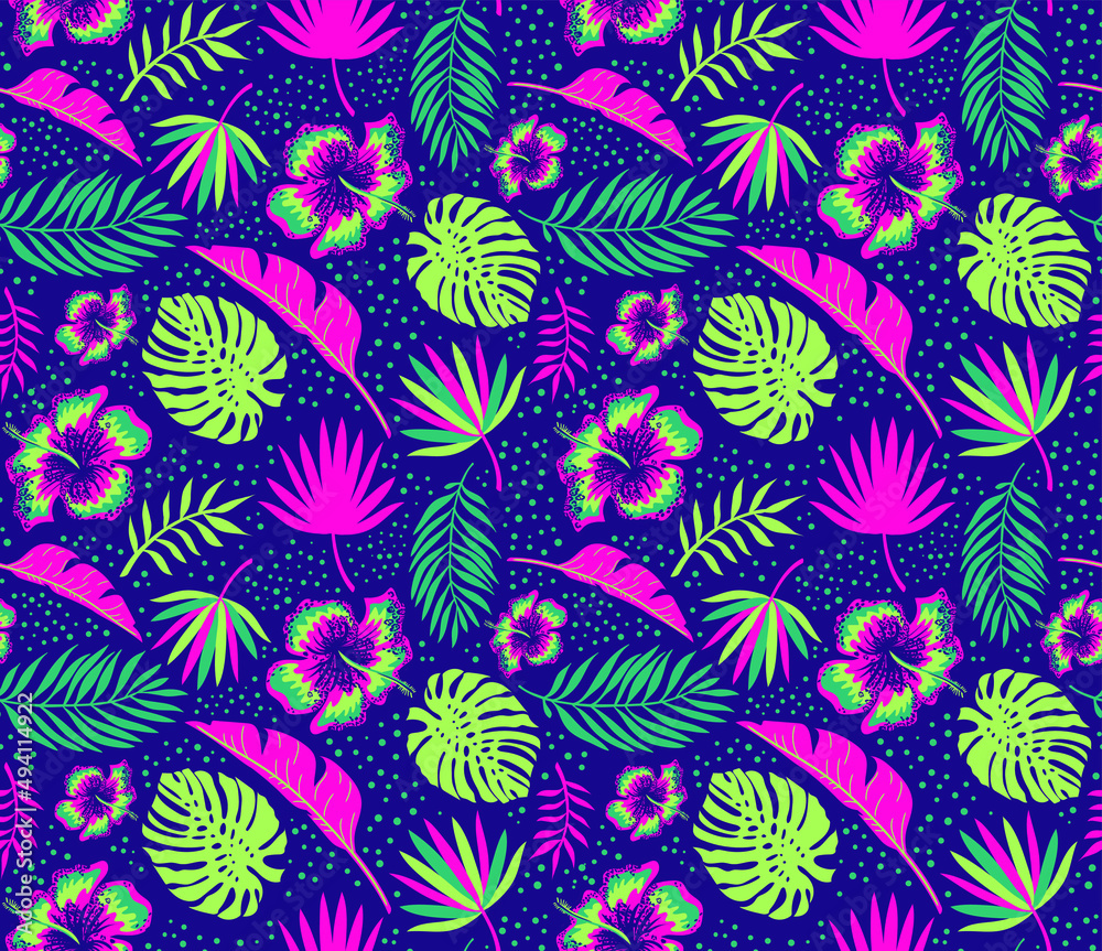 Seamless contemporary tropical surface pattern design. Bright colorful ...
