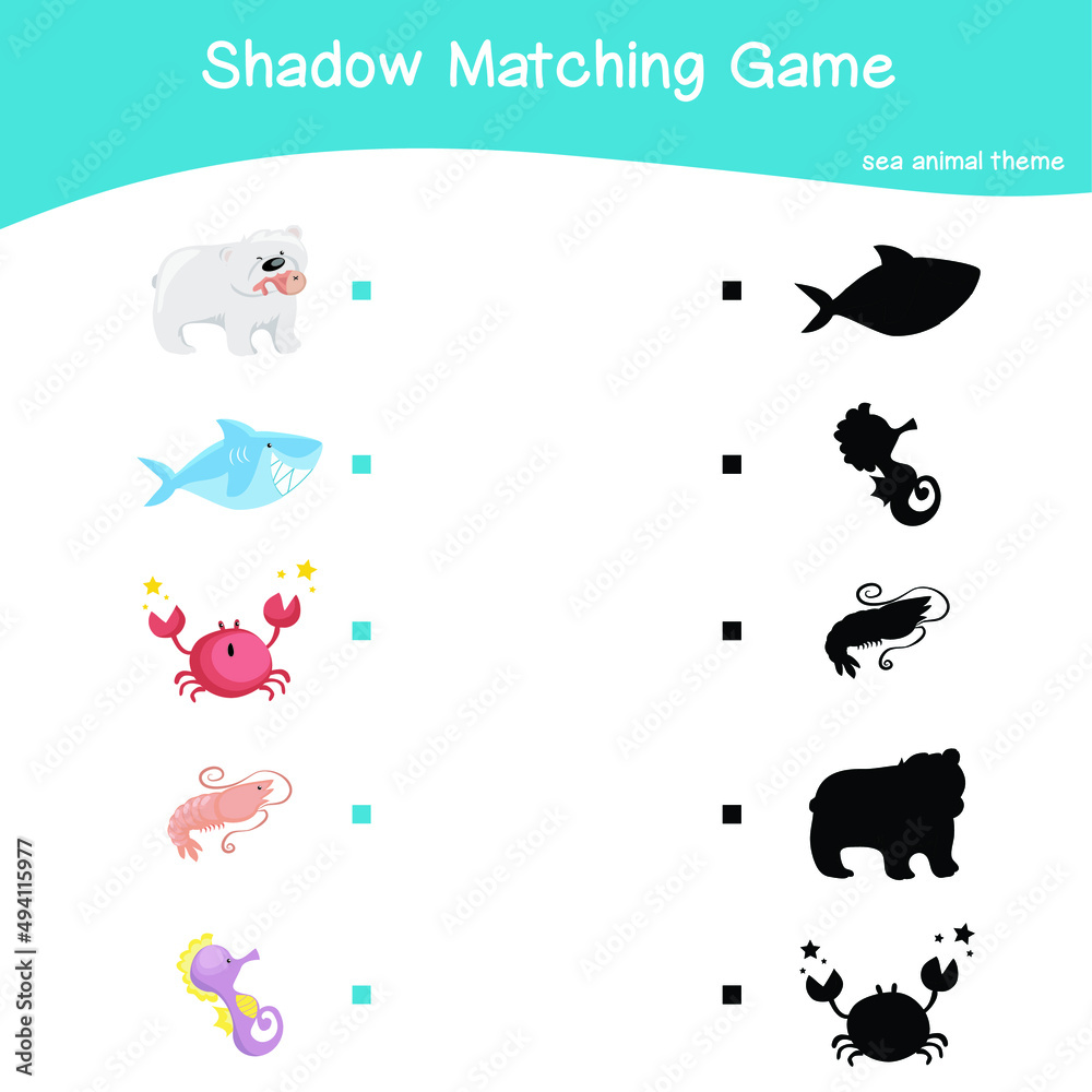 Sea animals matching shadow game for Preschool Children. Educational ...