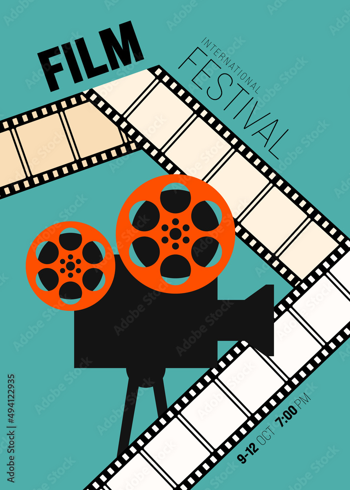 Movie and film poster design template background with camera and ...