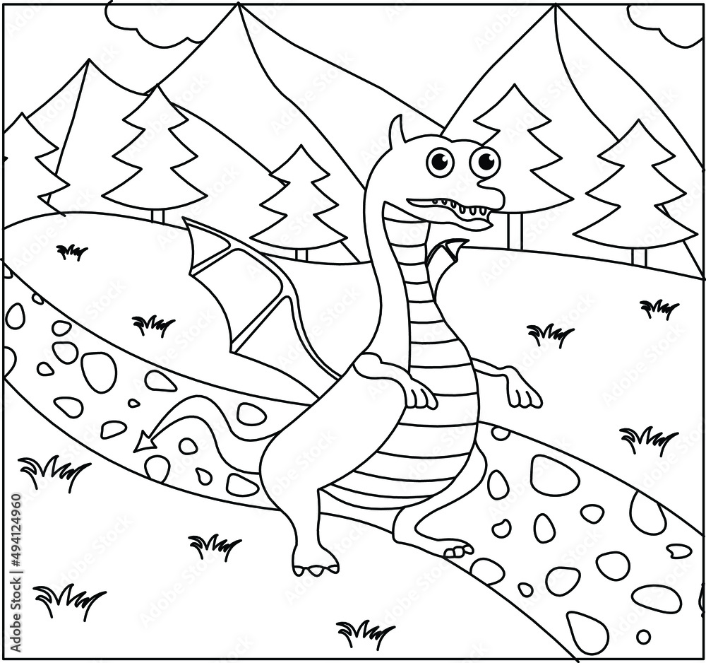 (Dragon Coloring Page: 42) Cute Dragon with nature, green grass, trees ...