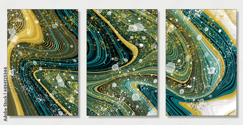 3d fluid wallpaper for wall frames. golden and gray marble background ...