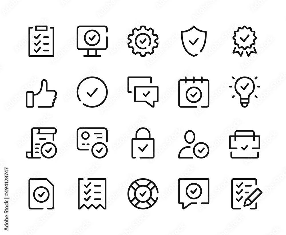 Check mark icons. Vector line icons set. Approve, tick, quality control concepts. Outline ...