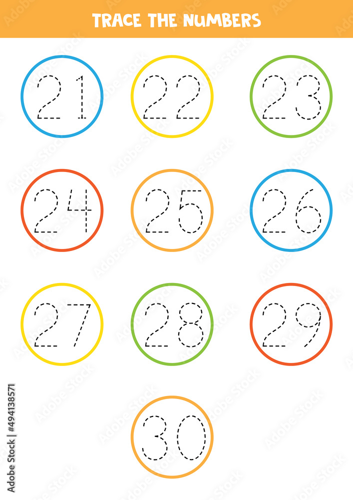 Tracing numbers from 21 to 30. Writing practice for kids. Stock Vector ...