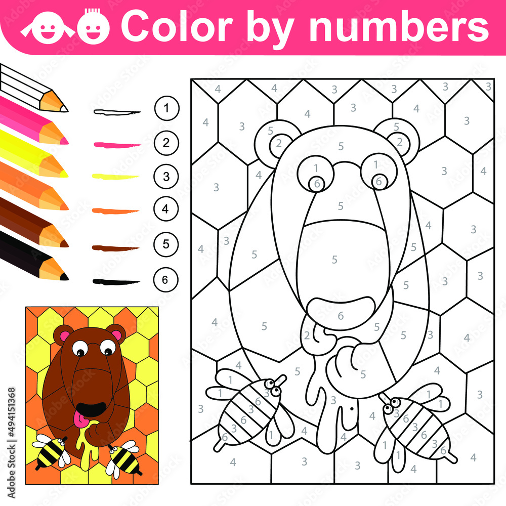 Color by Numbers. Bear lick honey. Coloring puzzle with numbers for ...