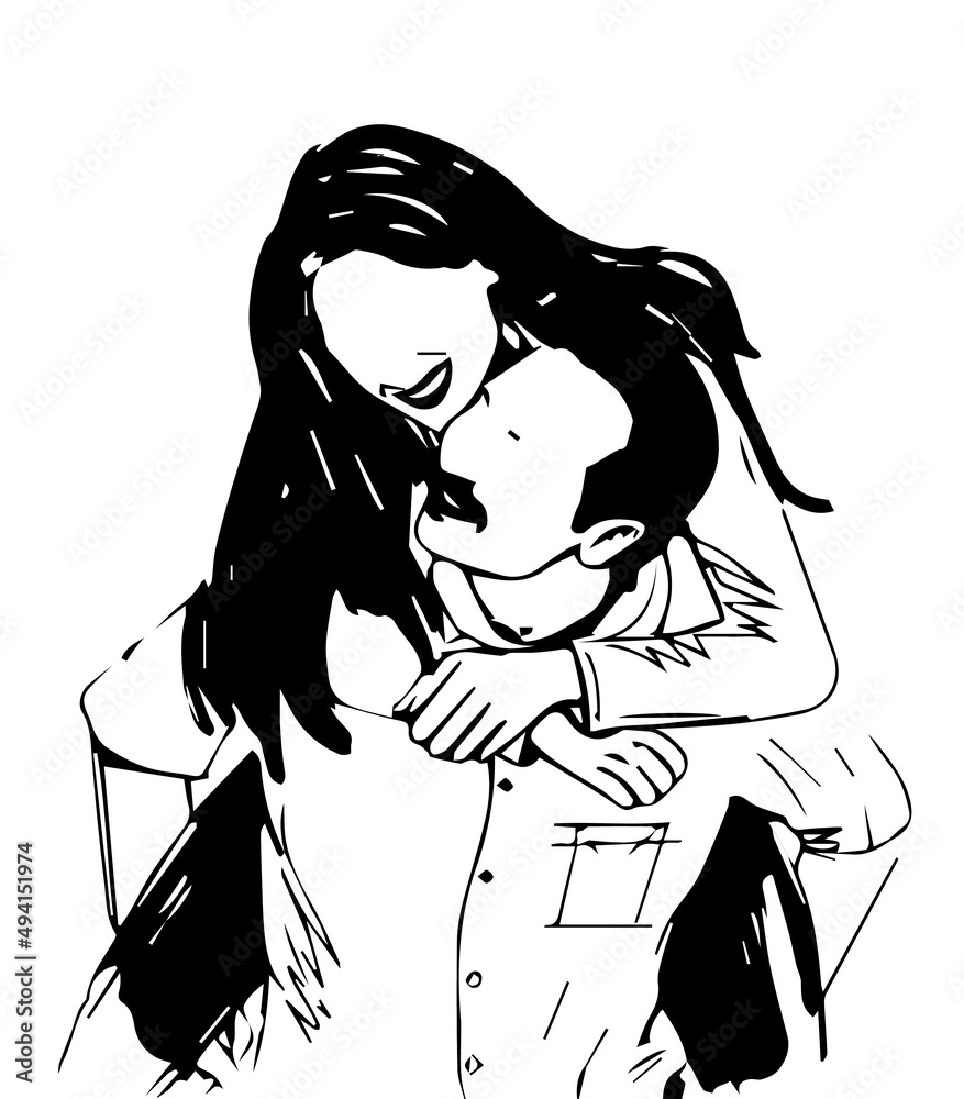 Line art illustration of man carrying her girlfriend on his back ...