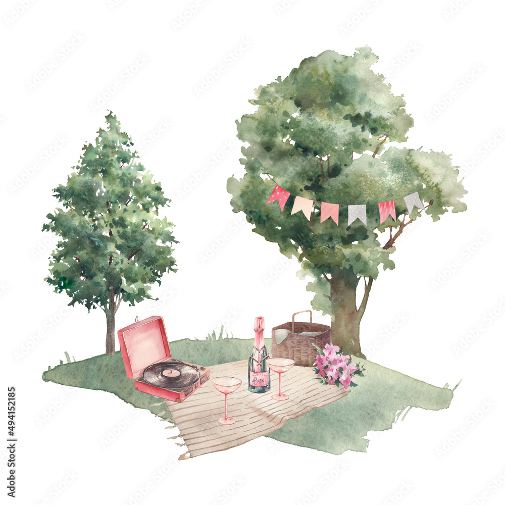 Summer picnic scene. Watercolor illustration of romantic outdoor lunch ...