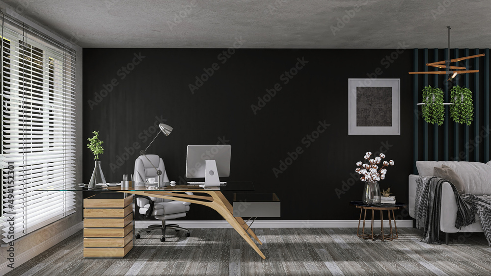 Stylish home office room, realistic 3D Illustration of the interior ...