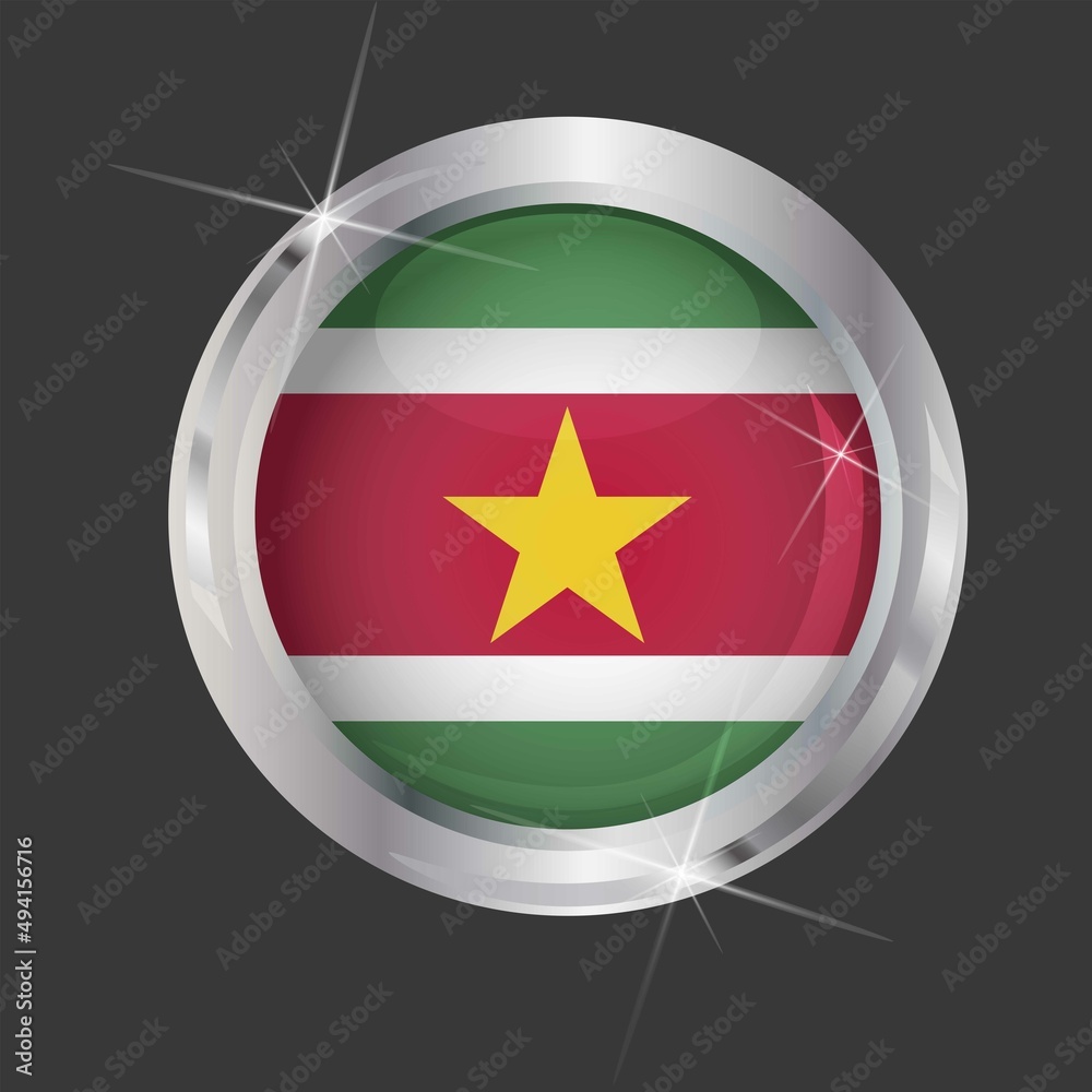 Flag of Suriname in circle. 3D effect. Glossy and shiny button with metal frame and sparkles ...