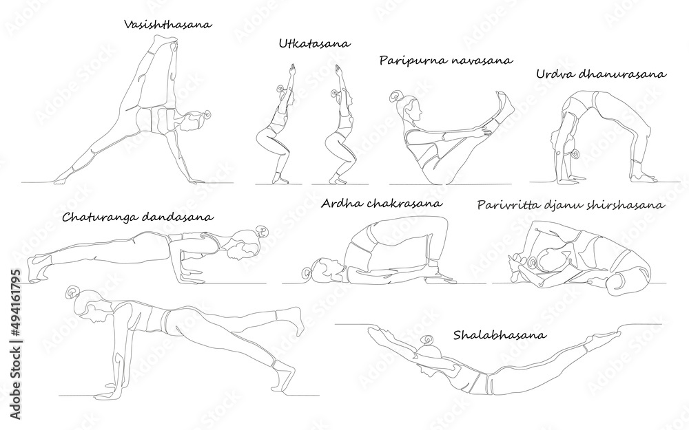 A big set of yoga poses with names of asanas. Continuous line drawing ...