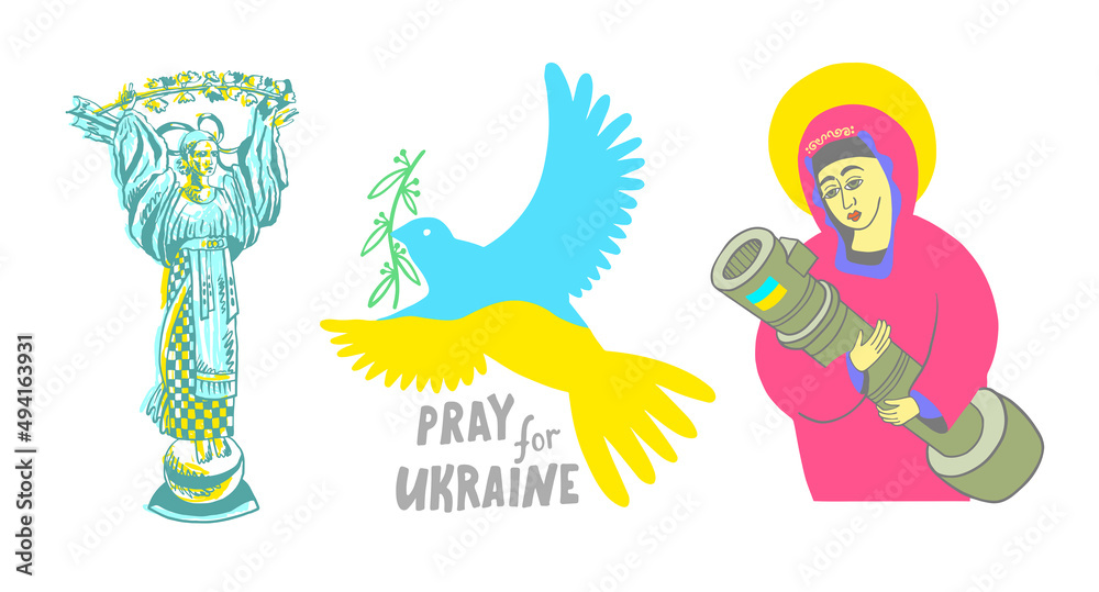 Set of Pray for Ukraine symbols icons - a dove of peace, a saint with ...