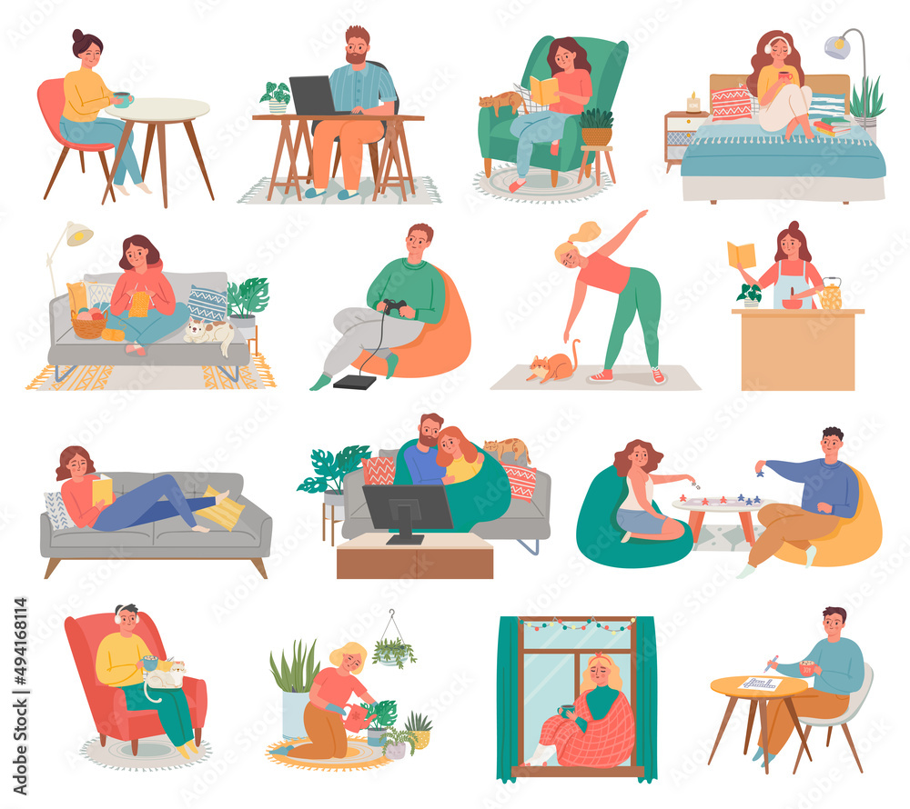 People at home. Female and male characters spending time indoors. Man ...