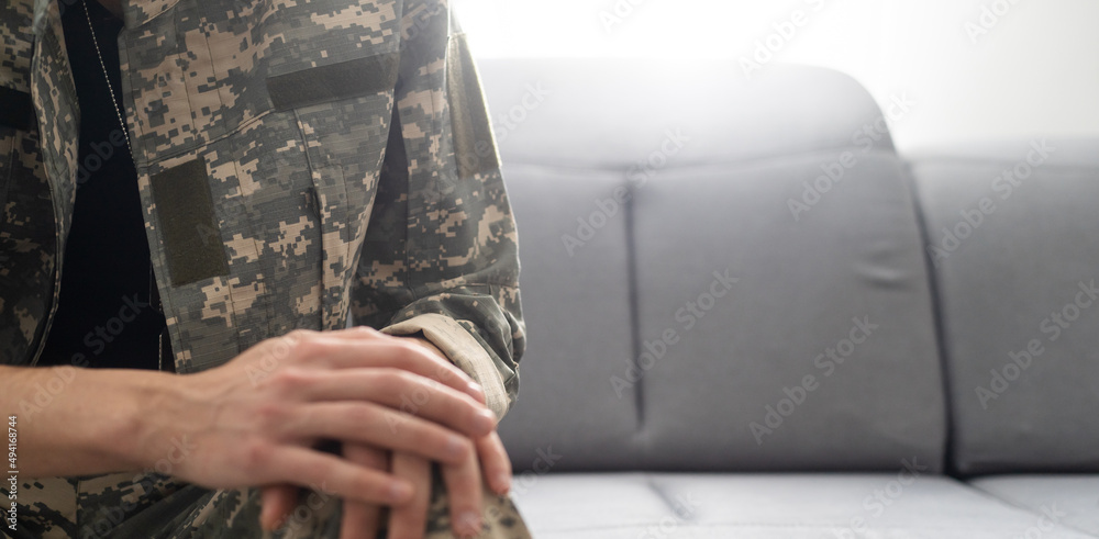 Upset soldier remembering terrifying war, suffering ptsd, psychological ...