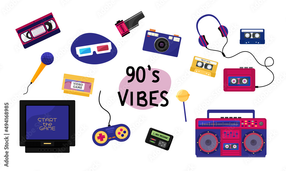90s vibes set. Trendy 1990s elements collection. Retro technic, things ...