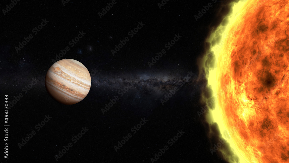 Jupiter planet around the sun realistic 3d illustration. 8k resolution ...