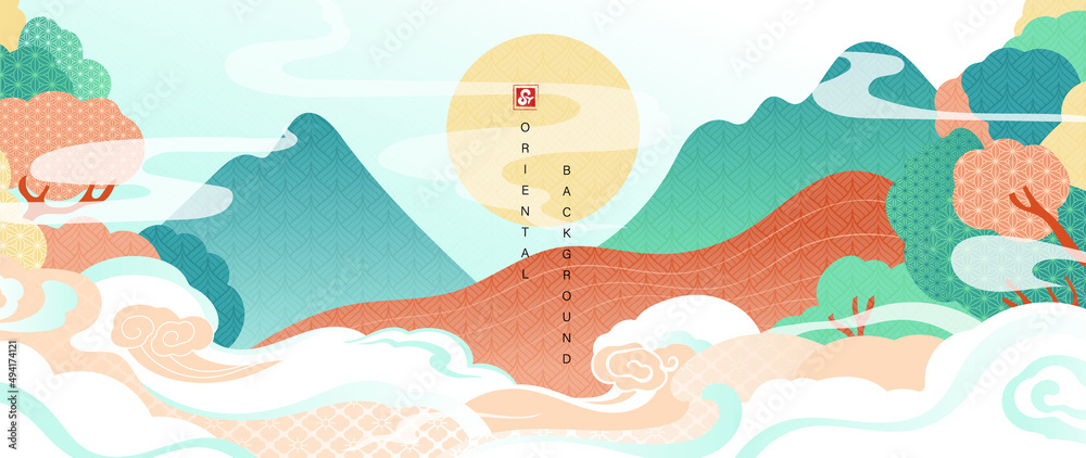 Abstract hill landscape in oriental style background. Japanese line art ...