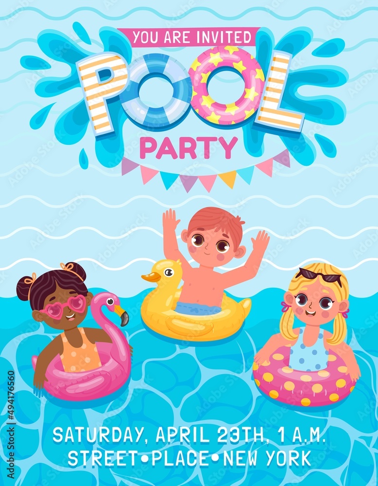 Pool birthday party invite poster with kids with inflatable rings ...