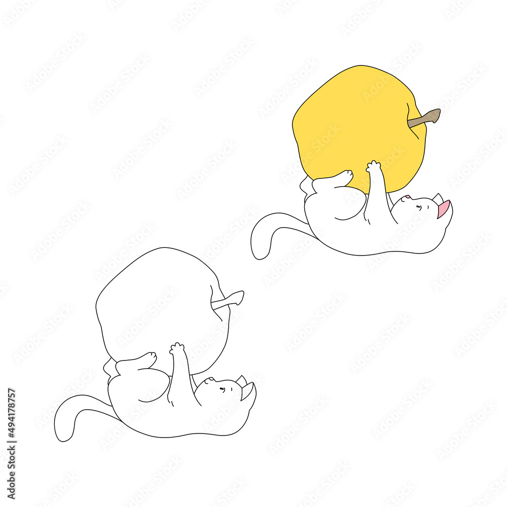 Coloring page with cute cat and fruit. Illustration of a kitten playing ...