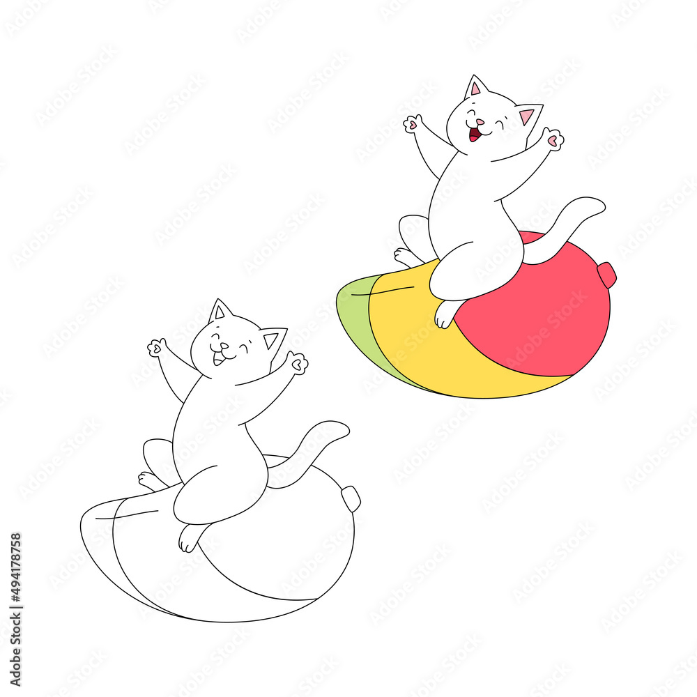 Coloring page with cute cat and fruit. Illustration of a kitten sitting ...
