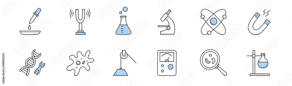Set of science doodle icons, chemical laboratory equipment and ...
