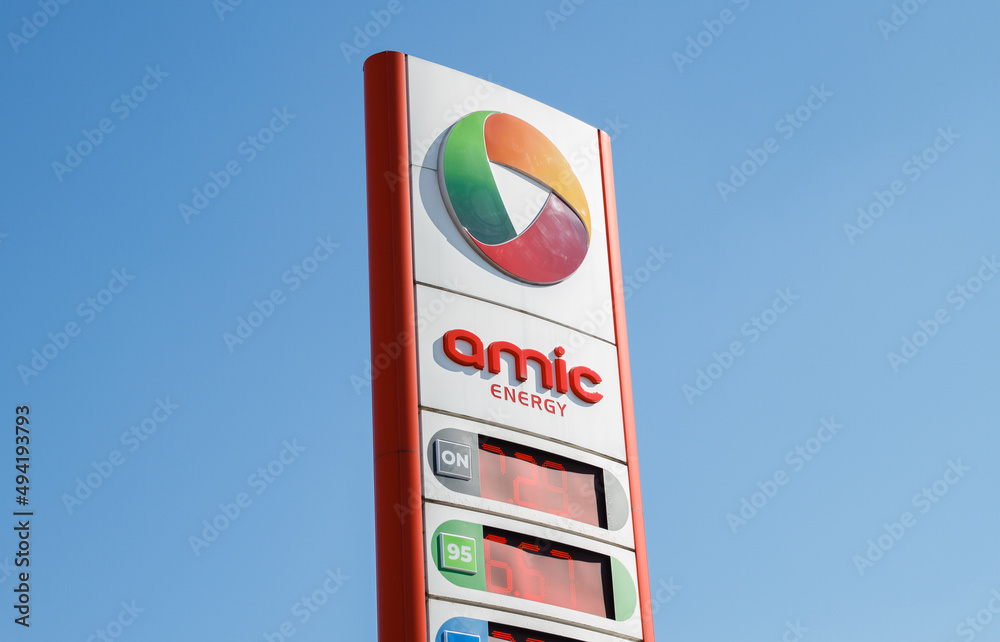 Amic Energy sign outside a petrol station. Logo at filling gas station ...