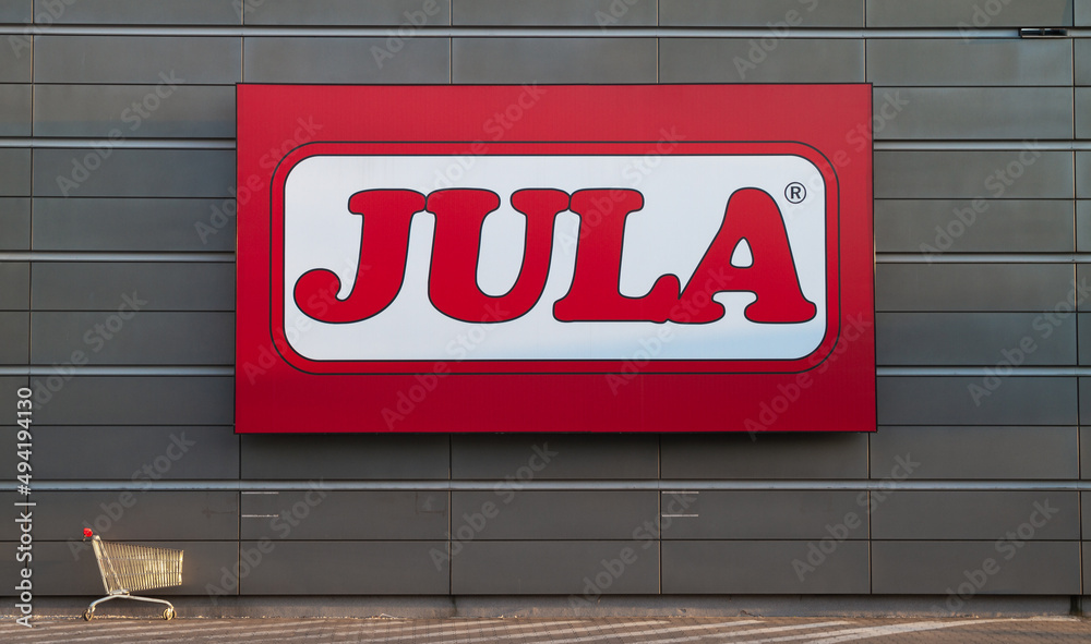Jula department store logo sign. Multimarket shopping mall center on ...
