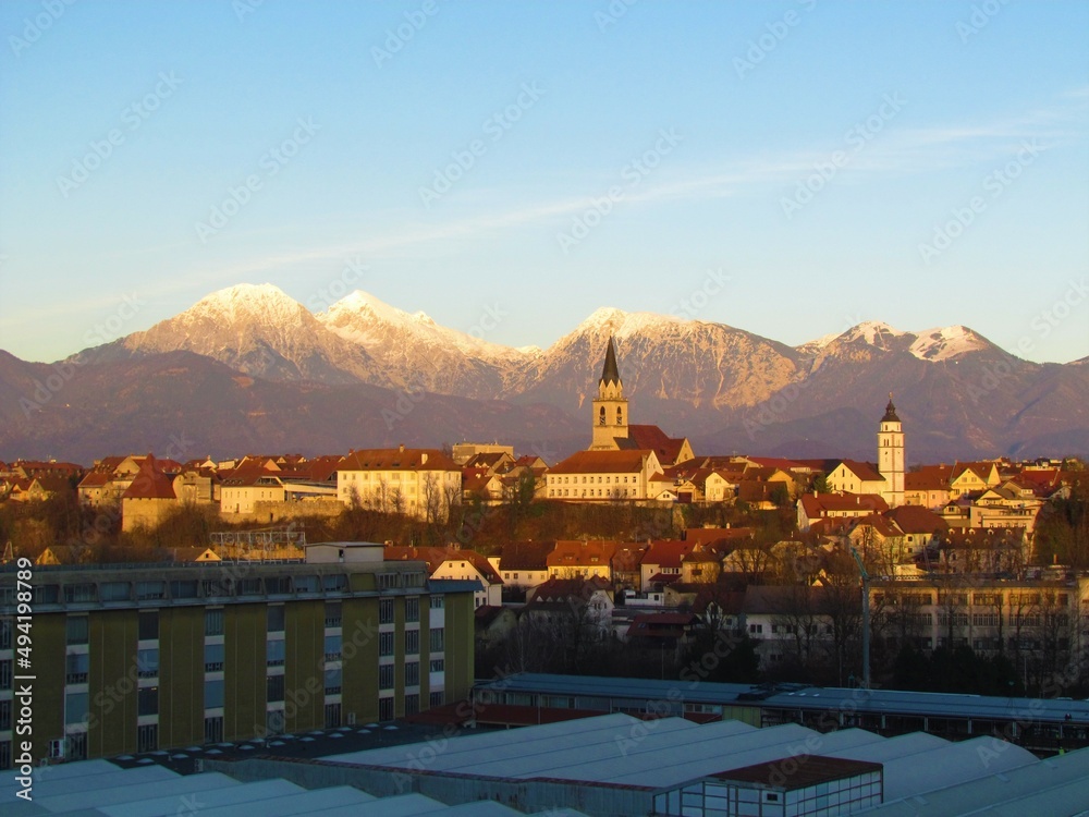 Scenic cityscape of the town of Kranj the capital of Gorenjska region ...