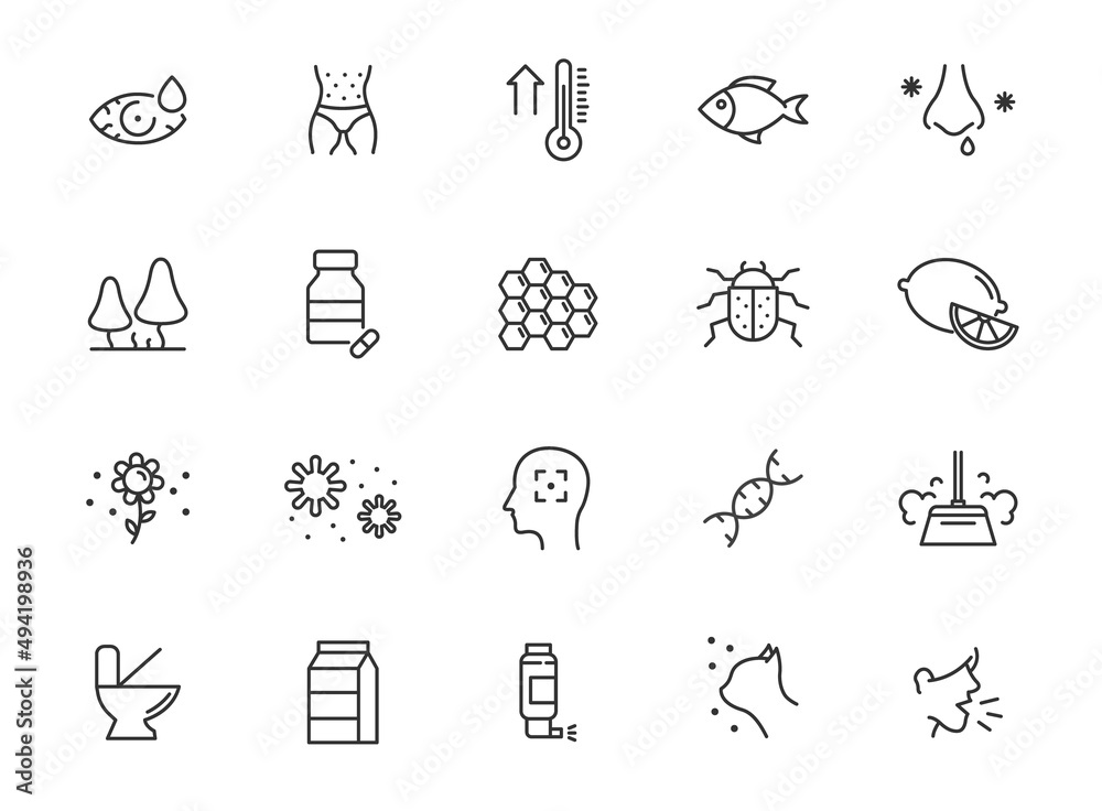 Allergy vector line icon. Allergen pollen dust flood, food allergic ...