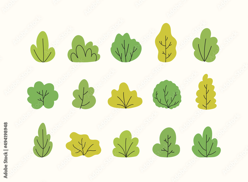 Big bundle of various hand drawn bushes. Vector cartoon illustration ...