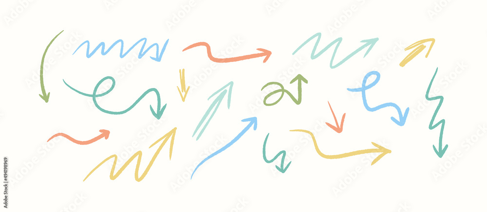 Collection of various textured arrows. Doodle colorful cartoon elements ...
