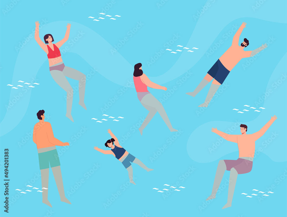 Happy cartoon characters swimming in sea or ocean. Men, women and kid ...